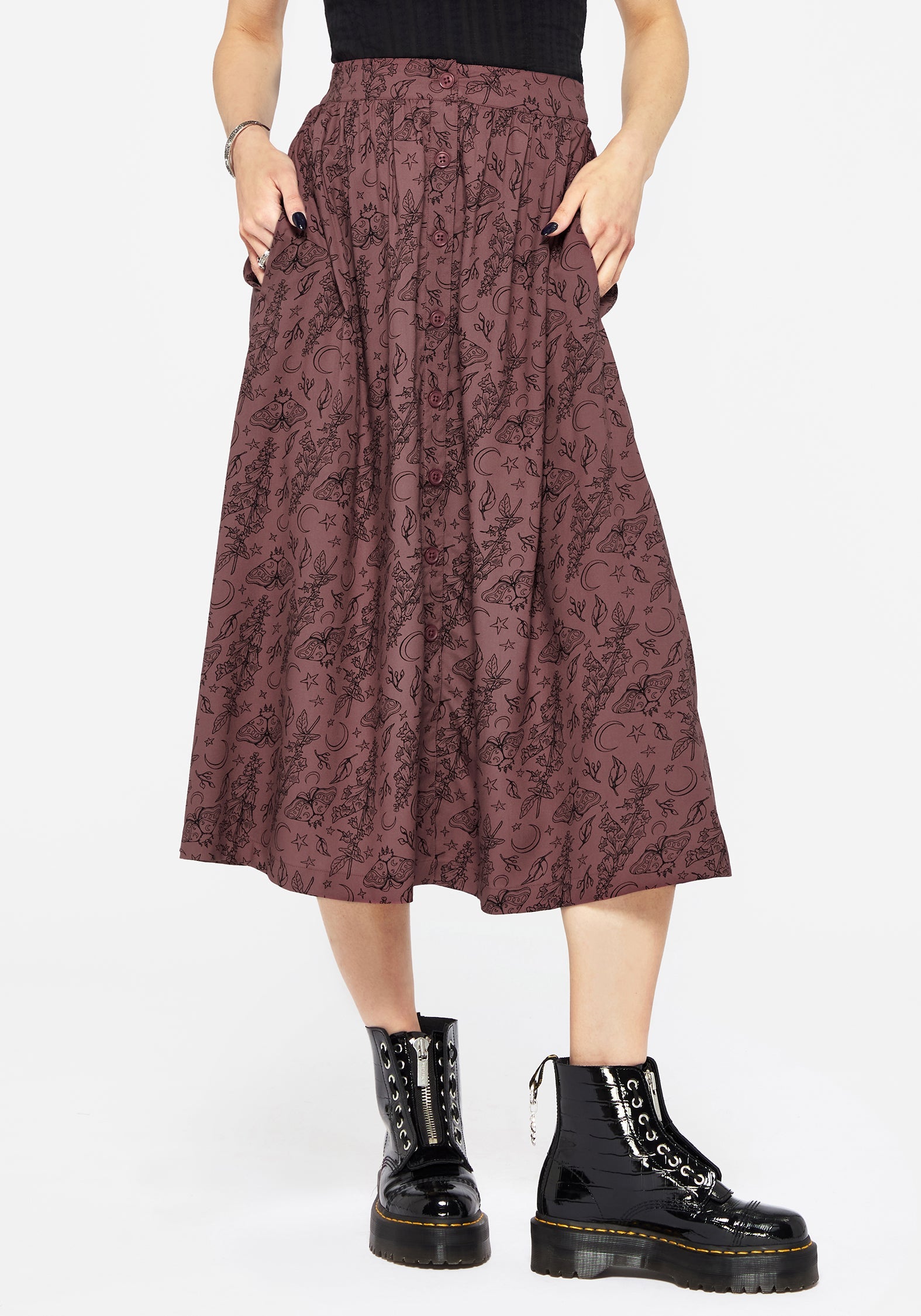 Roxana Moth Foxglove Button Down Midi Skirt – Disturbia